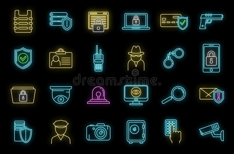 Security Service Scan Icons Set Vector Neon Stock Illustration ...
