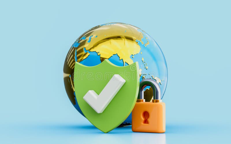 Security Shield Check Mark with Global Lock Sign 3d Illustration Stock ... Security Shield Check Mark with Global Lock Sign 3d Illustration Stock ...