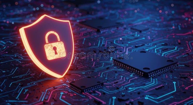 Security Shield Glowing Security Shield Icon on a Circuit Board ...