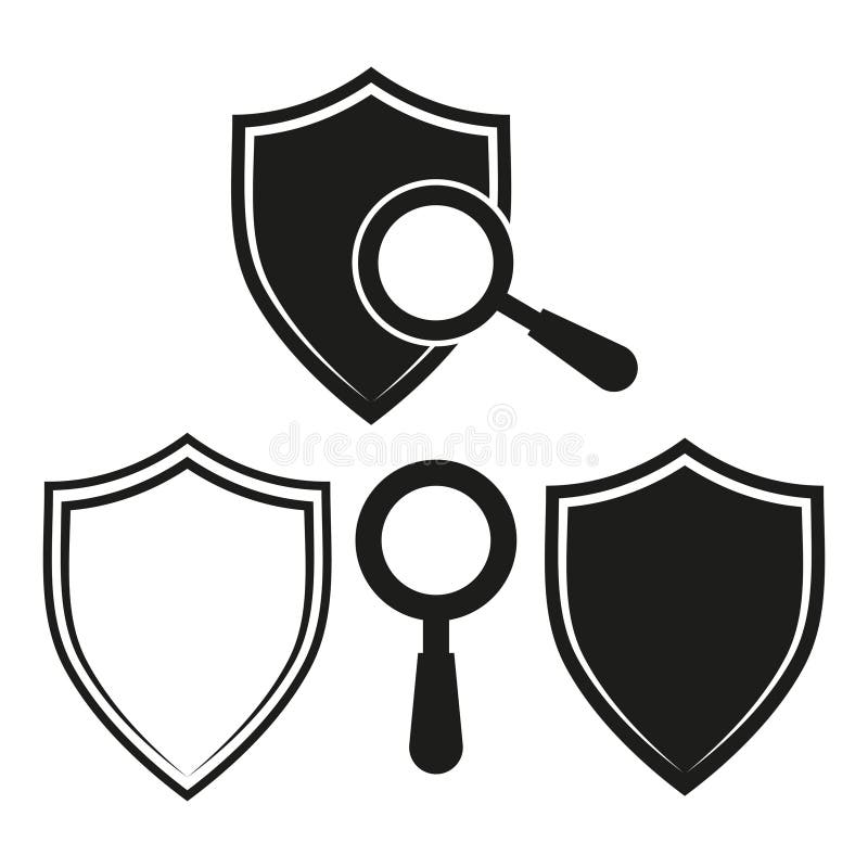 Security Shield Icons. Magnifying Glass Symbols. Black Vector ...
