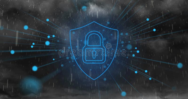 Security Shield and Padlock Icon and Blue Light Trails Against Rain and ...
