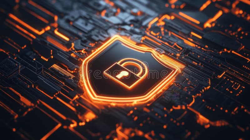 Security Shield with a Padlock Icon on an Orange and Black Quality Pic ...