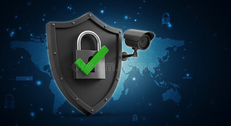 Security Shield with Padlock and Surveillance Camera for Data ...