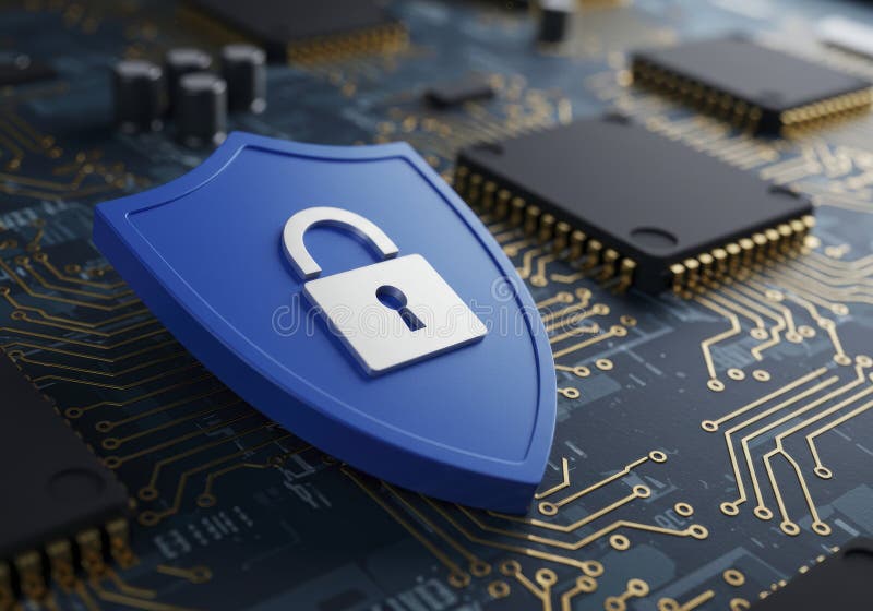 Security Shield Protecting Circuit Board with Padlock Symbol Stock ...