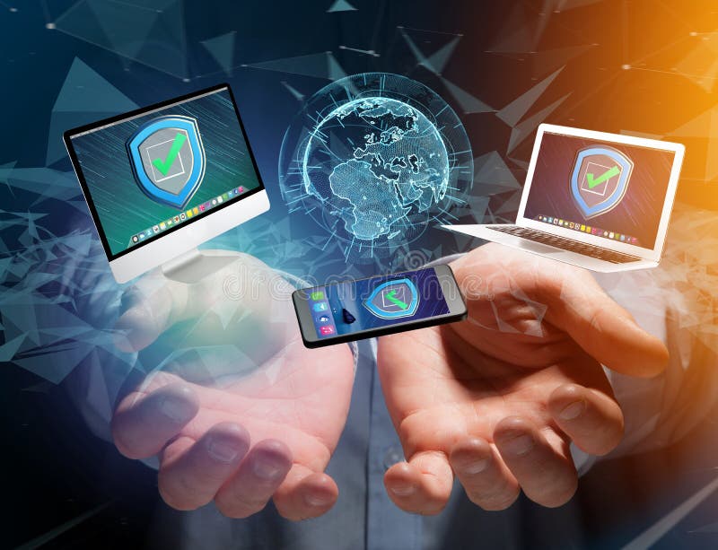 Security Shield Symbol Over a Network Connection of Different De Stock ...