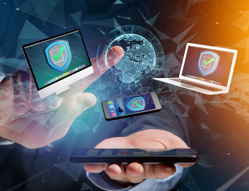 Security Shield Symbol Over a Network Connection of Different De Stock ...