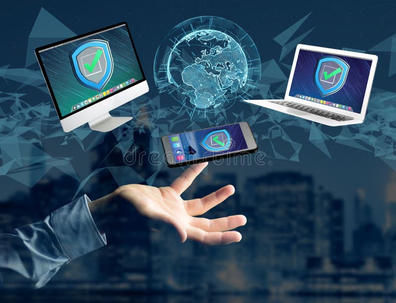 Security Shield Symbol Over a Network Connection of Different De Stock ...