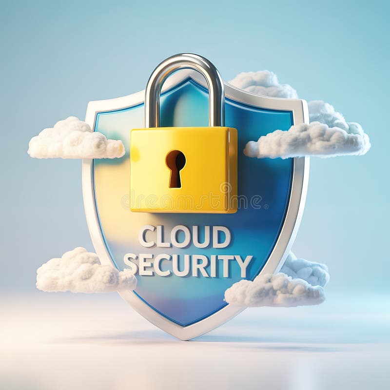 Security Shield with Yellow Padlock and Fluffy Clouds on a Light Blue ...