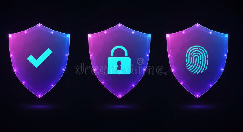 Security Shields with Checkmark, Lock, and Fingerprint Icons Stock ...