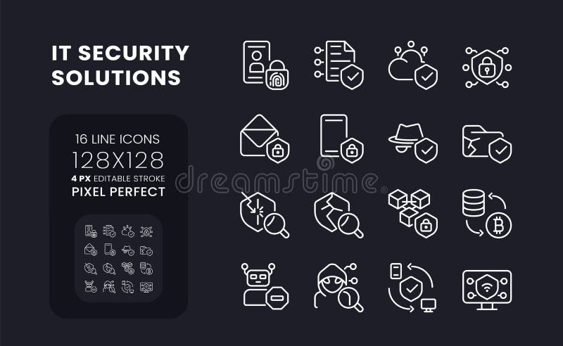 It Security Solutions White Linear Desktop Icons on Black Stock Vector ...