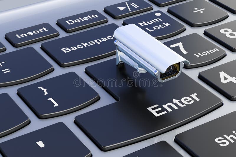 Security Surveillance Camera on Laptop Keyboard. 3D Rendering Stock ...