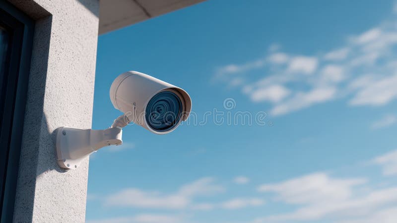 Generative AI Outdoor Security CCTV Camera Mounted on Wall Under Blue ...