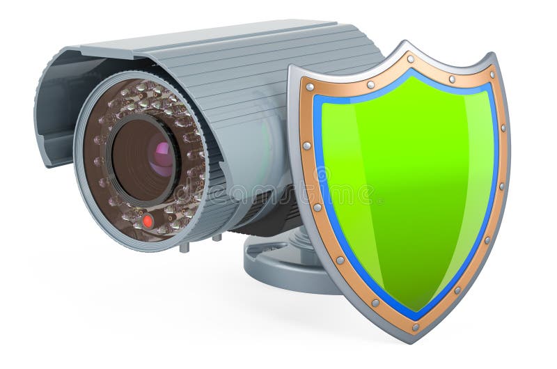 Security Surveillance Camera with Shield, 3D Rendering Stock ...