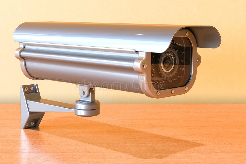 Security Surveillance Camera on the Wooden Table, 3D Rendering Stock ...