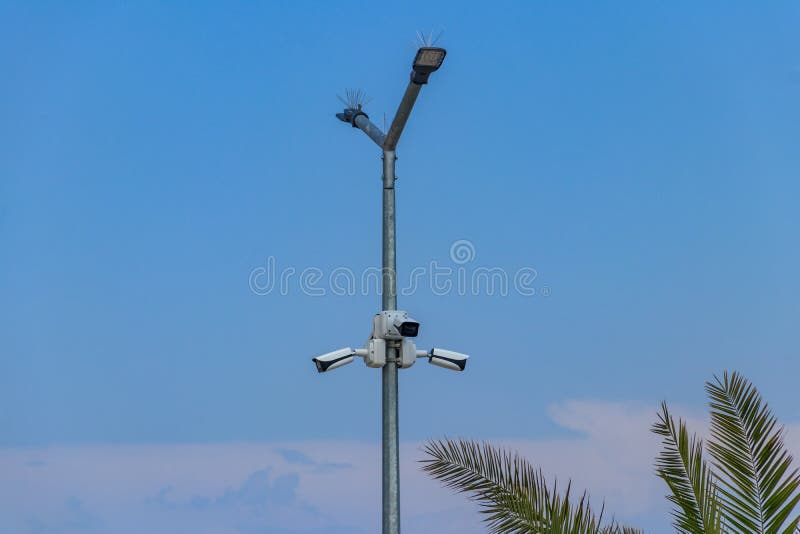 Security Surveillance Cameras or CCTV System on Metal Post Stock Photo ...