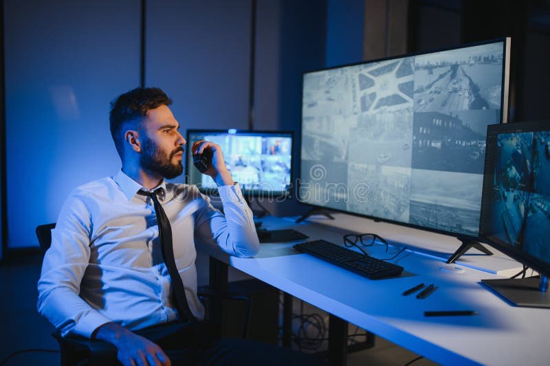Security System CCTV Monitor Room. Man Using Walkie Talkie Stock Image ...