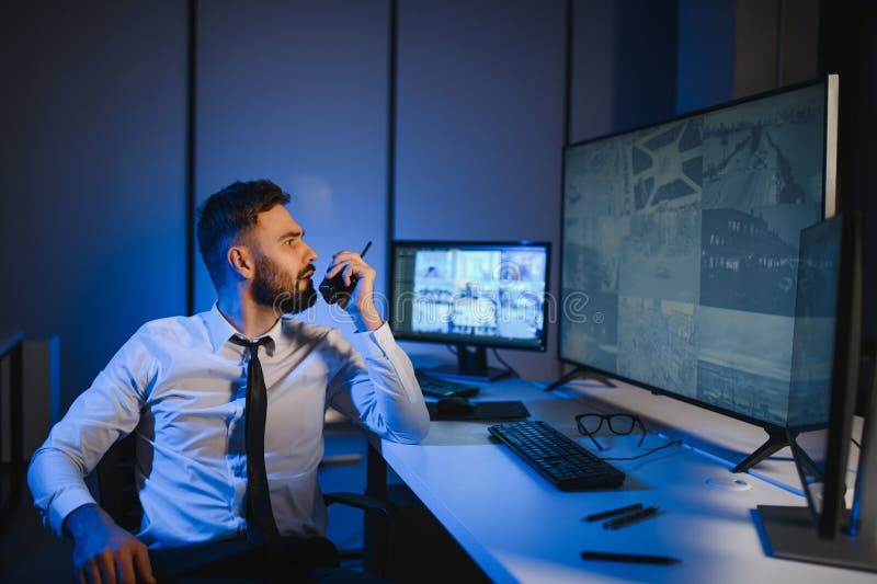Security System CCTV Monitor Room. Man Using Walkie Talkie Stock Image - Image of mature ...
