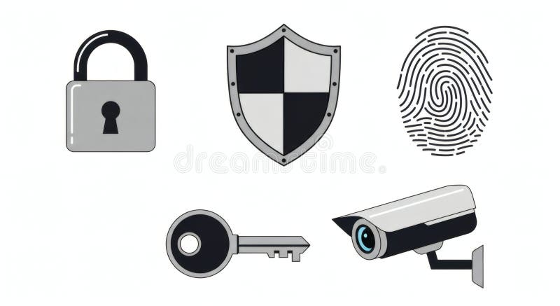 Security System Elements: Lock, Shield, Fingerprint, Key, and Cctv ...