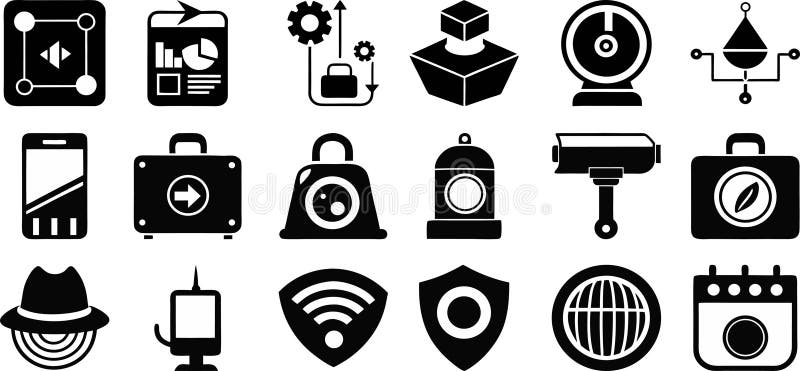 Security System Icon Set with Surveillance Camera Lock Hacker Alert for ...