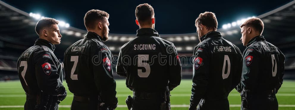 Security Team Stands Guard on the Field with Stadium Spotlight Theme ...