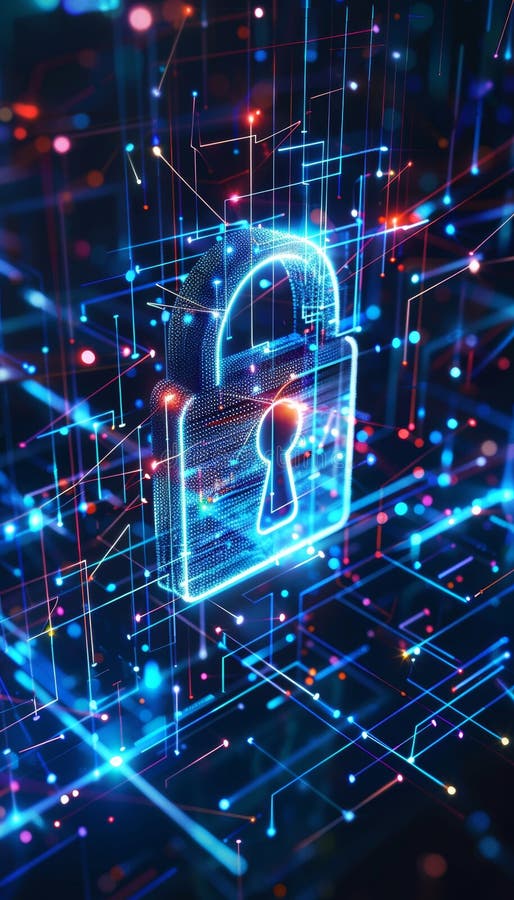 Security Technology Concept. Blue Glowing Lock Icon on Cyber Network ...
