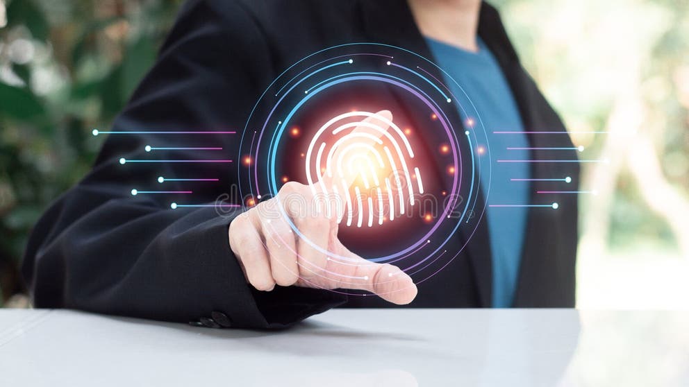 Security and Technology Concept. Businessmen Touching on the Virtual Fingerprint. Future ...