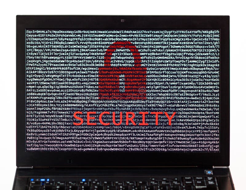 Security Text with Red Lock Over Encrypted Text on a Laptop Screen ...