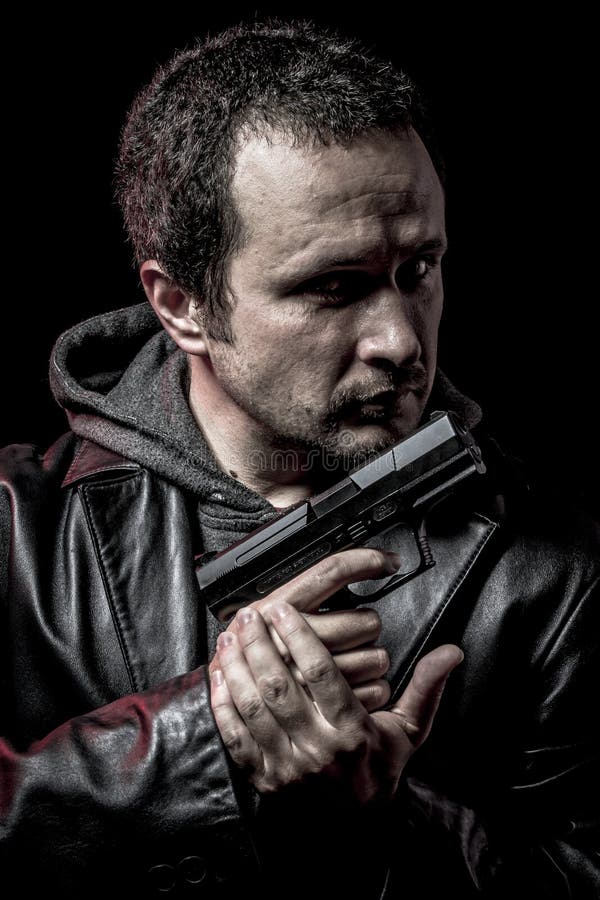 Security, Thief, Armed Man with Black Leather Jacket, Dangerous Stock ...