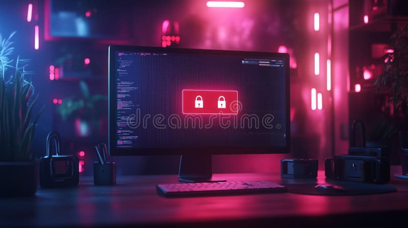 A Security Warning Appears on a Computer Screen in a Dark Room Stock ...
