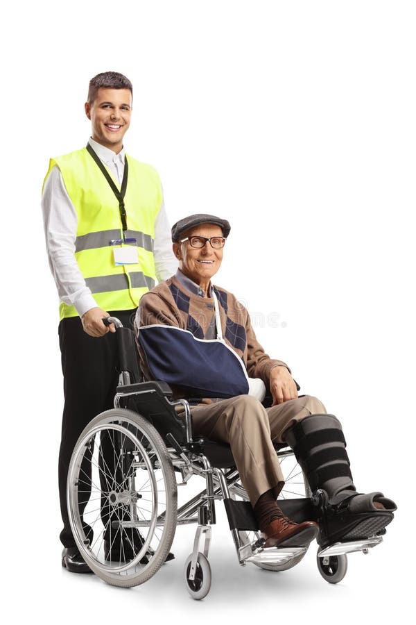 Security Worker Helping an Injured Elderly Man with a Leg Brace in a ... Security Worker Helping an Injured Elderly Man with a Leg Brace in a ...