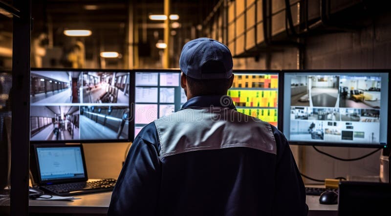 Security Worker with Security Monitors, Security Worker at he Work ...