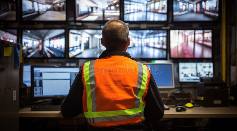 Security Worker with Security Monitors, Security Worker at he Work ...