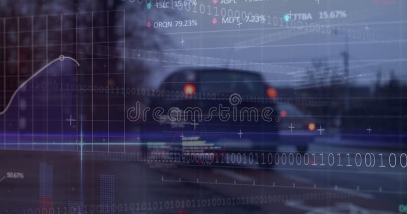 Sedan Moving on Two-lane Road at Dusk, with Binary Code Overlay and ...