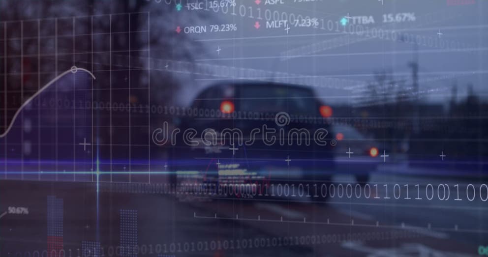 Sedan Moving on Two-lane Road at Dusk, with Binary Code Overlay and ...