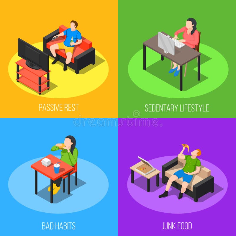 Sedentary Lifestyle Retro Cartoon Icons Set Stock Vector - Illustration ...
