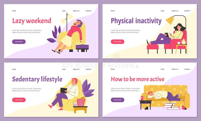 Sedentary Problems and Increasing Activity Banners, Flat Vector ...