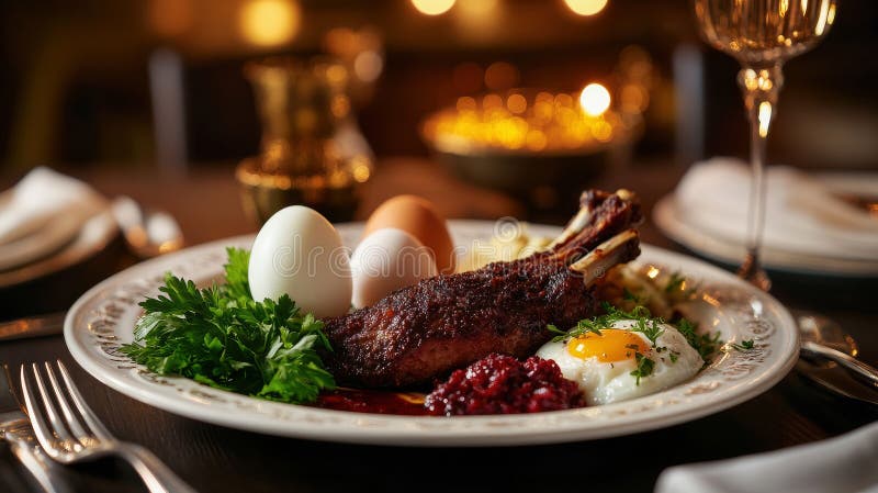 Seder Plate with Lamb Chops, Eggs, and Garnish in Elegant Dining ...