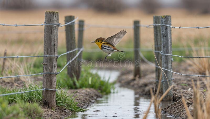 Sedge Warbler Flying between Fence Posts Near Irrigation Ditch Stock ...