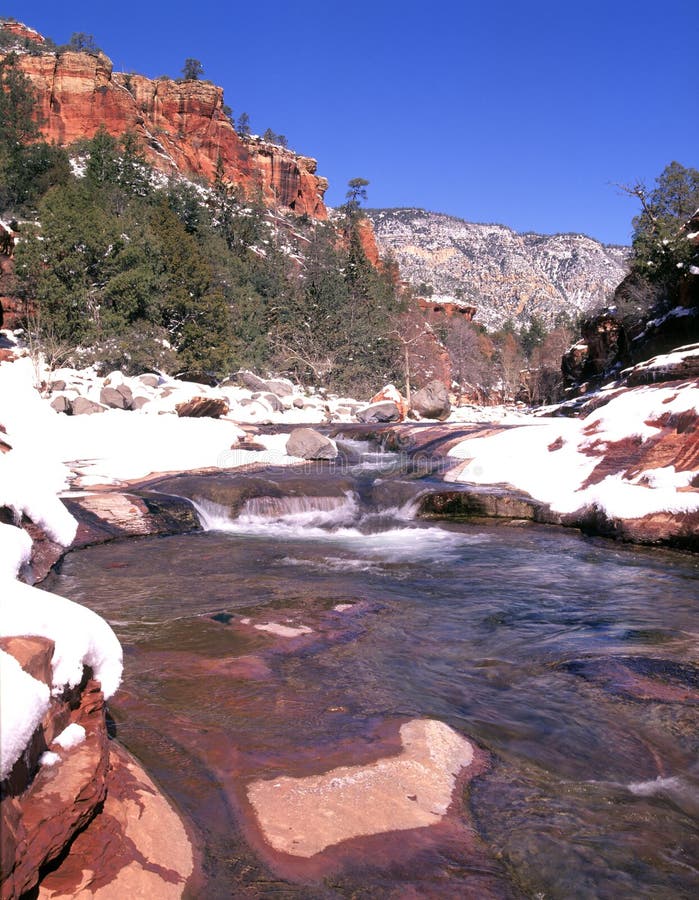 Sedona Slide Rock and Winter Snow Stock Photo - Image of blue, snow ...