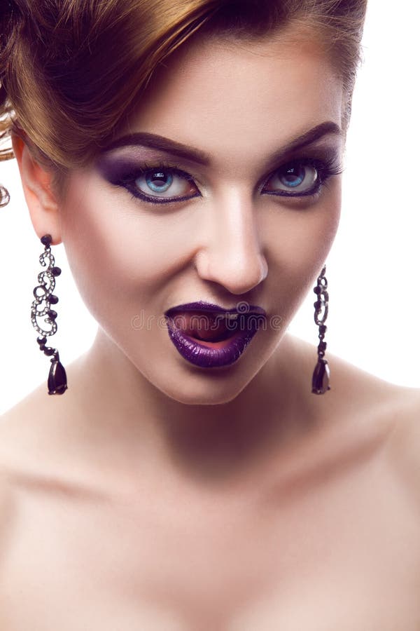 Seductive Woman With Healthy Skin And Make Up On Blue Background Stock