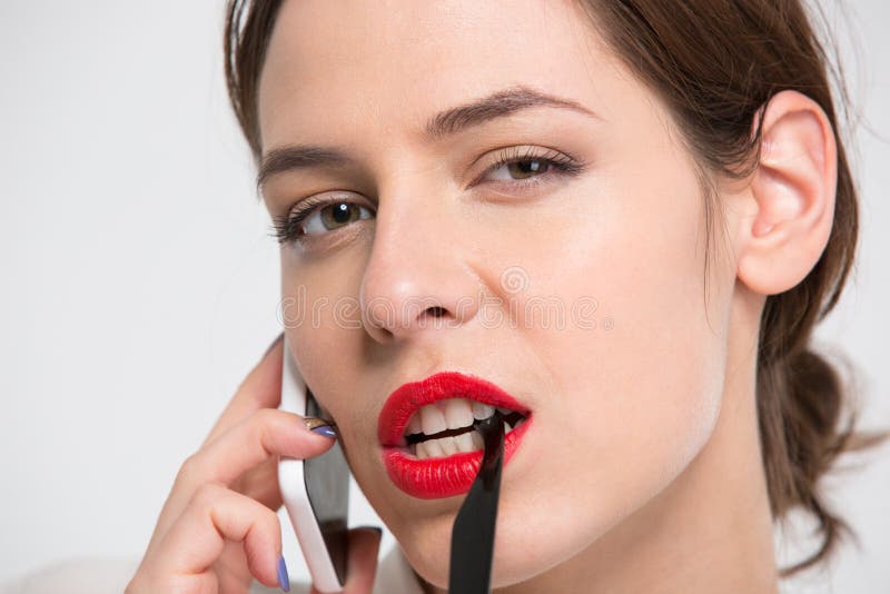Seductive Attactive Young Business Woman Talking On Mobile Phone Stock
