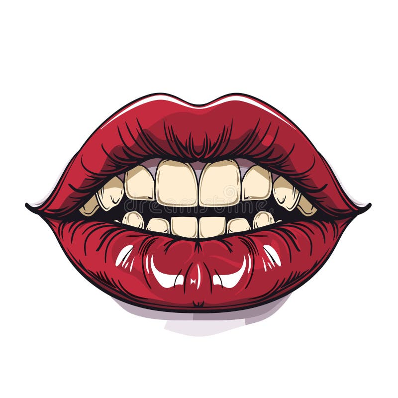 Seductive Red Lips Bared Teeth, Vector Illustration, Isolated White ...