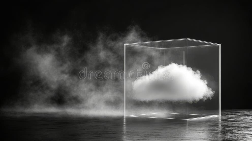 A See-through Cube with a Cloud Hovering Above, on a Dark Base Stock ...