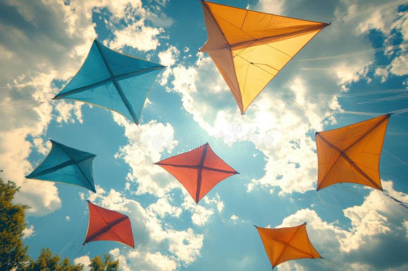 See Kites Fly High in the Summer Sky with Colorful Patterns Stock ...