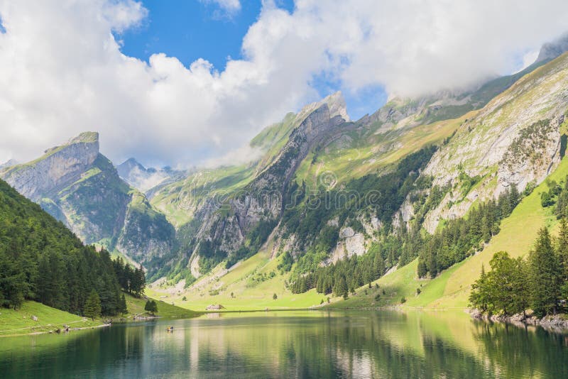 Seealpsee (lake) and the Alpstein Massif Stock Image - Image of clear ...