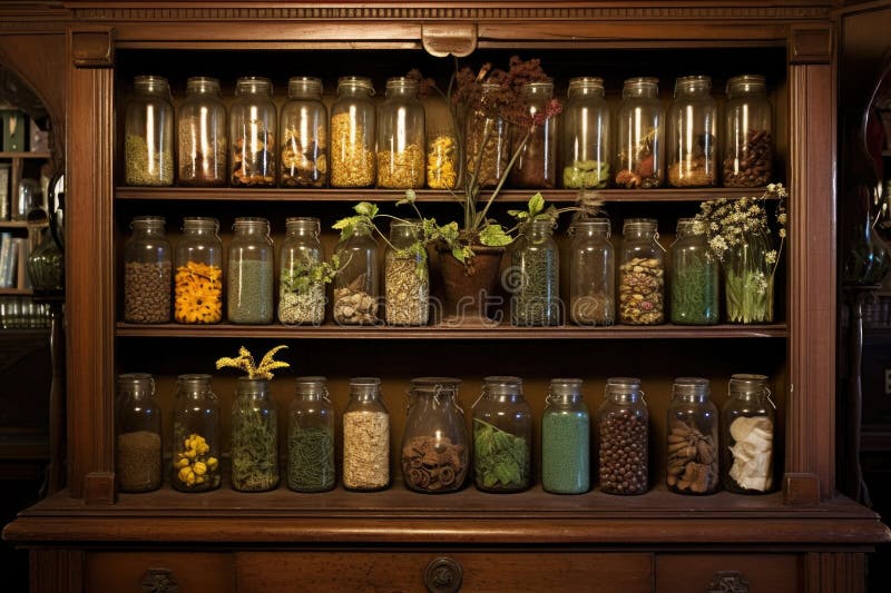 Seed Bank with Labeled Jars in a Vintage Cabinet Stock Illustration ...
