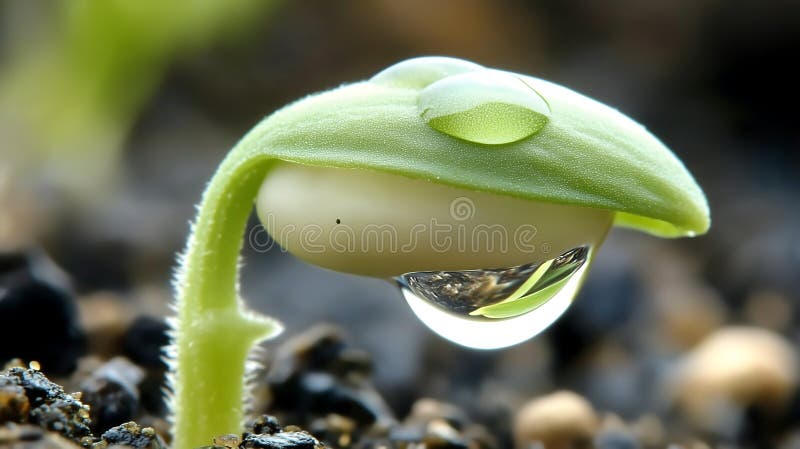 A Seed, in the Process of Growing the First Leaflet with Dew Drop,macro ...