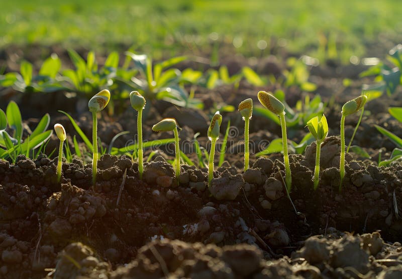 Seed Sprouting into Young Plants on Sunny Grassy Field Stock ...