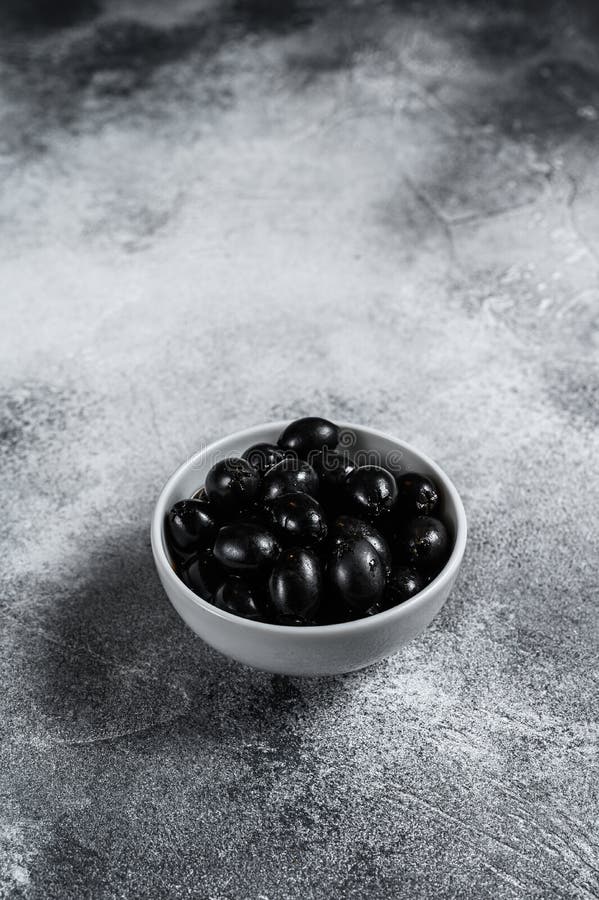 Seedless Black Olives. Gray Background. Top View. Space for Text Stock ...