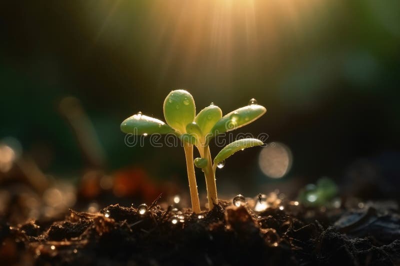 Seedling in Dark Soil with a Drop of Water in the Sunlight Created with ...